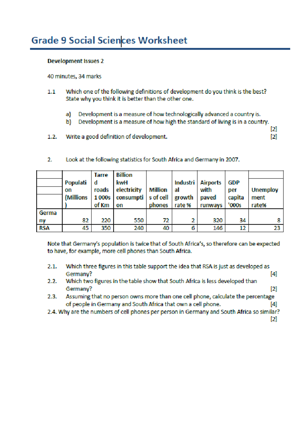 Grade 9 Social Sciences Worksheet: Factors Affecting Development - Studocu