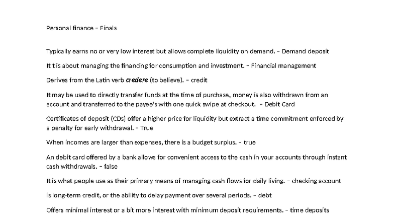 Personal Finance 101: Finals Study Guide on Key Concepts - Studocu