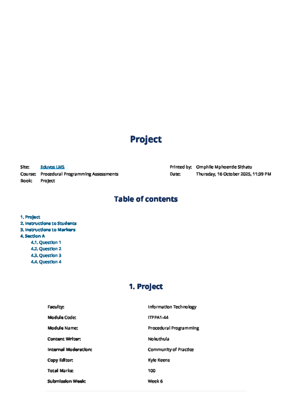 Project Eduvos ITPPA - Assignment on Procedural Programming - Studocu