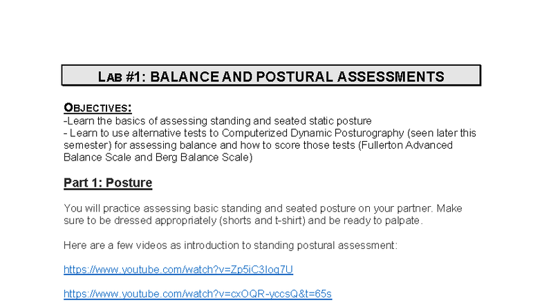 LAB #1: Balance and Postural Assessments Techniques and Objectives - Studocu