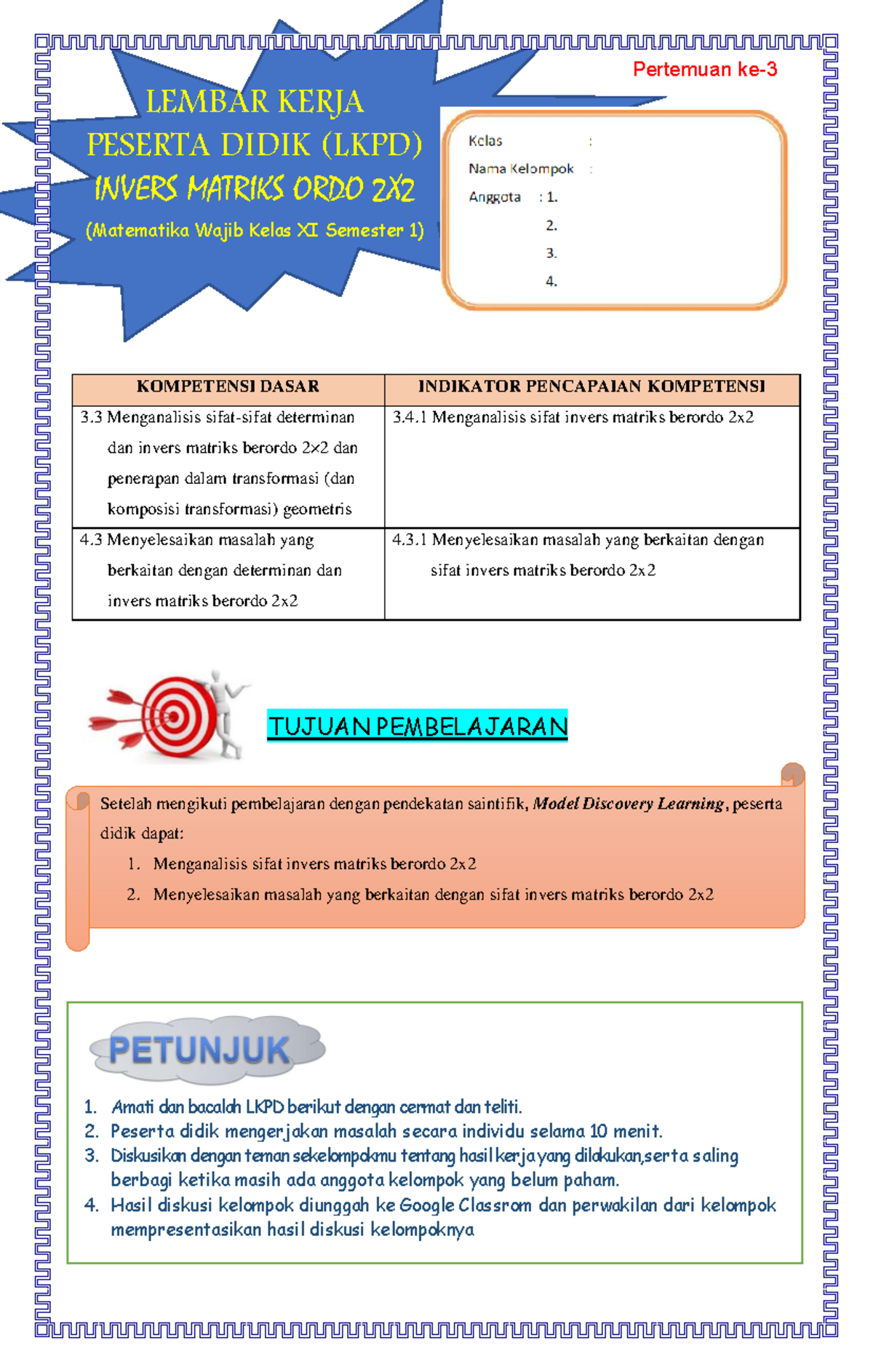 LKPD Matematika Kelas XI: Invers Matriks Ordo 2x - Studocu