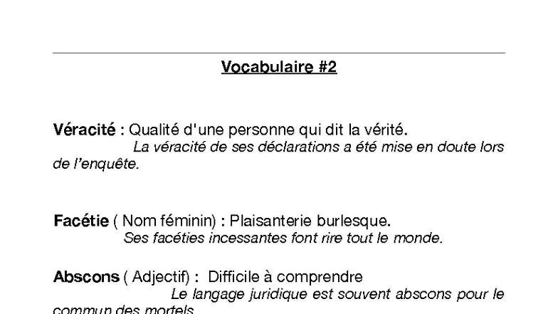 Vocabulaire #2 : Termes et Définitions en Français - Studocu