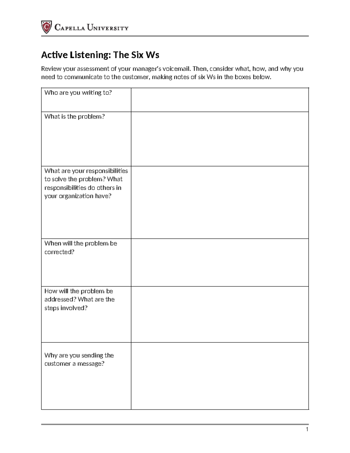 Cf Active Listening: Six Ws Worksheet for Assessment 2 - Studocu