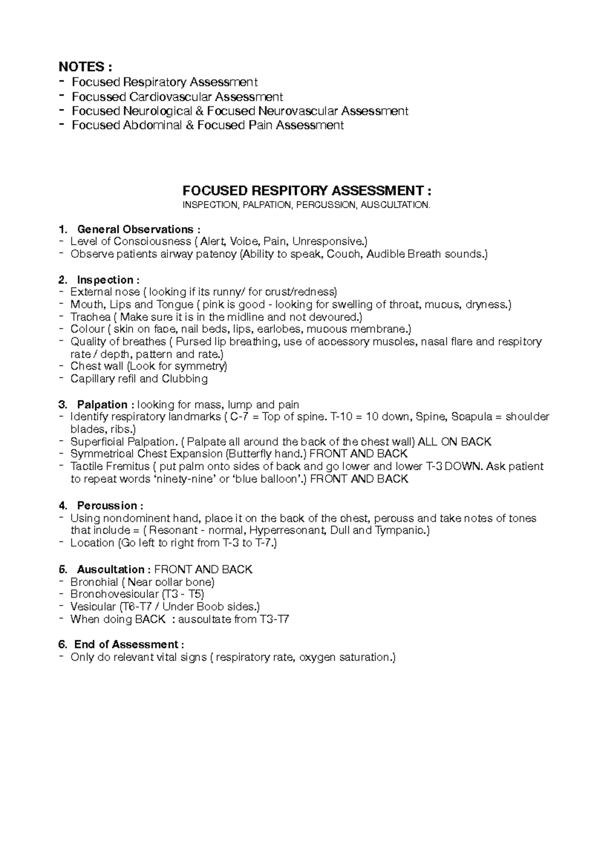 CSA - Focused Neuro, Cardio & Respiratory Assessments Guide - Studocu