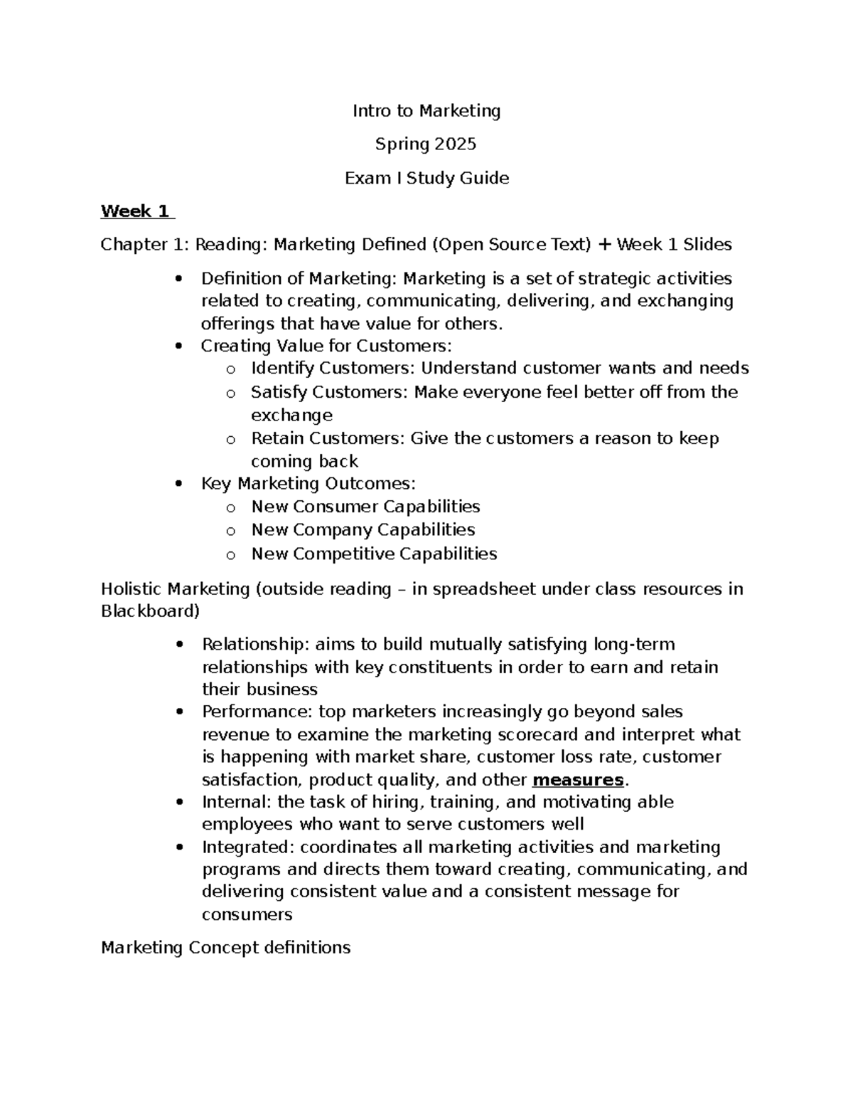 Intro to Marketing (MKT 101) - Exam I Key Concepts & Study Guide - Studocu