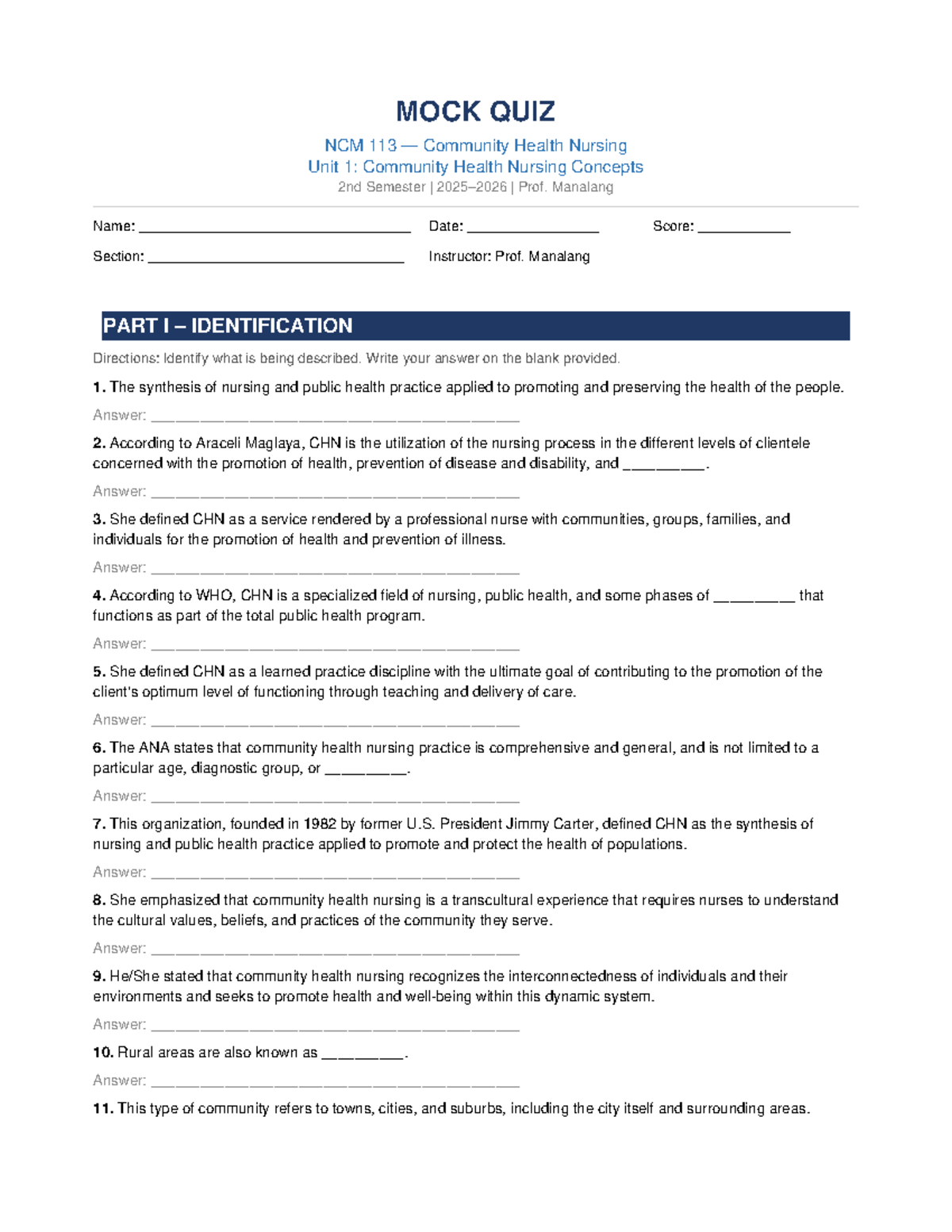 NCM 113 Mock Quiz: Community Health Nursing Concepts Unit 1 - Studocu