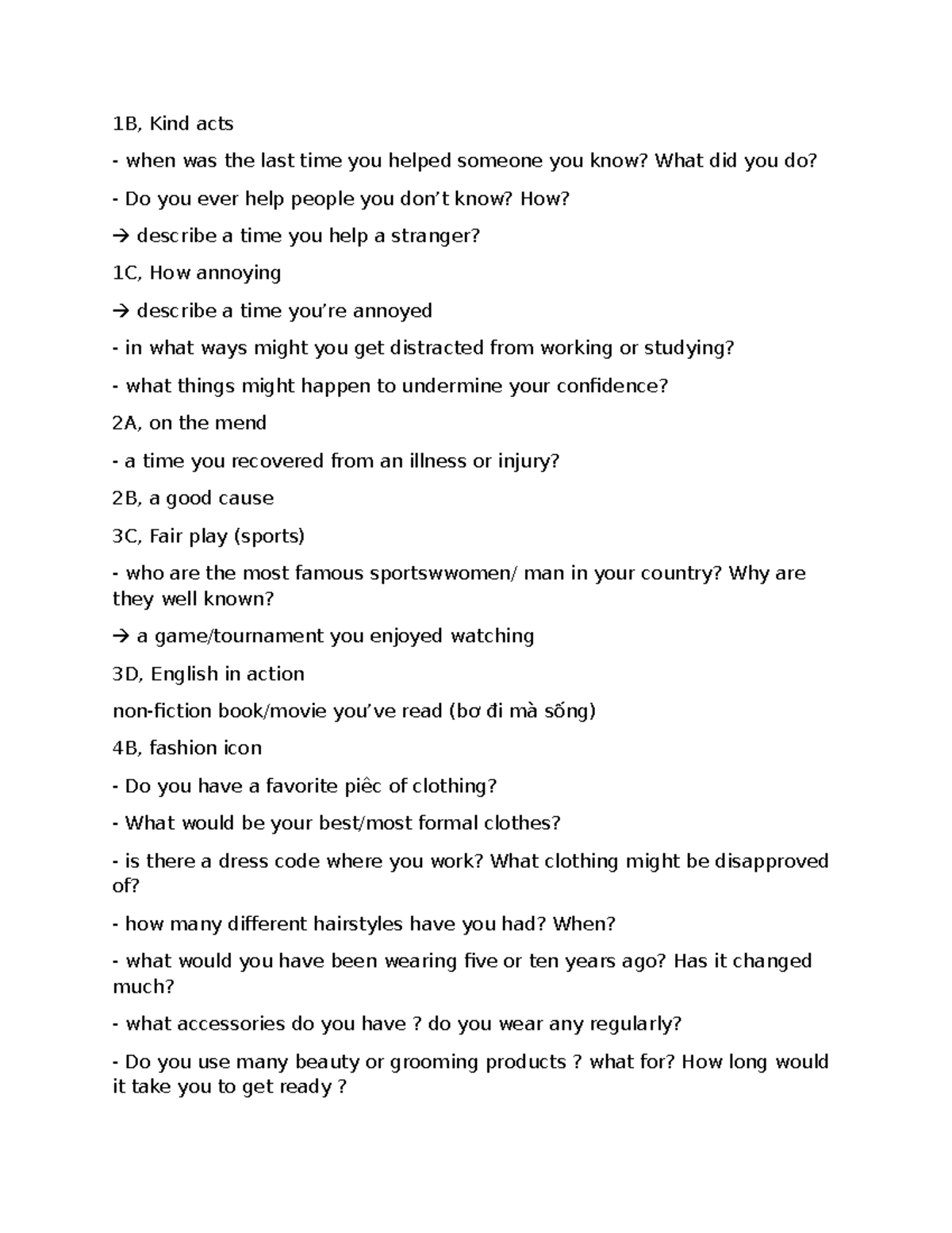 1B-4B Speaking Practice: Kind Acts, Annoyances, Recovery, and Fashion ...
