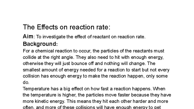 The Effects of Temperature and Concentration on Reaction Rate: Chem 101 ...
