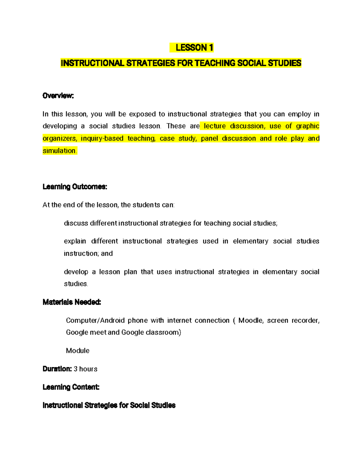 Lesson 1: Effective Instructional Strategies in Social Studies (WPS 101 ...