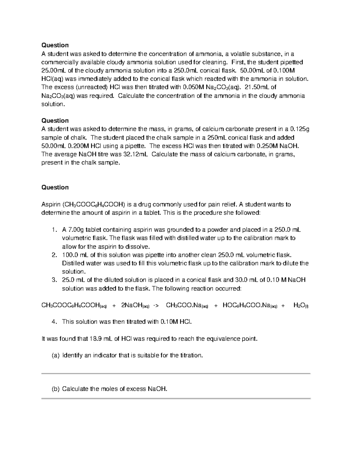 Back Titration Questions for Chemistry 101: Ammonia & Aspirin Analysis ...