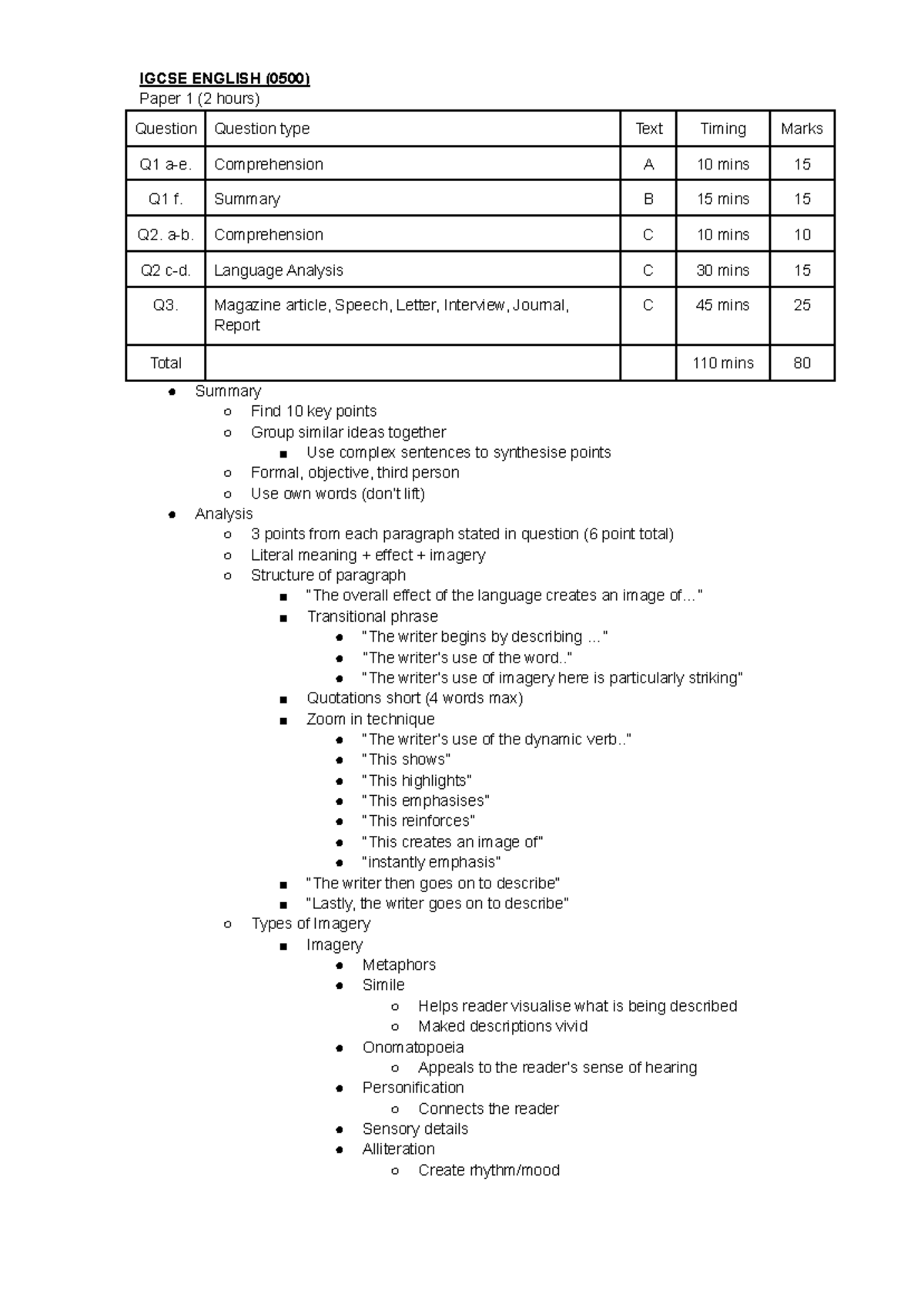 CIE IGCSE English Notes (0500) - IGCSE ENGLISH (0500) Paper 1 (2 hours ...