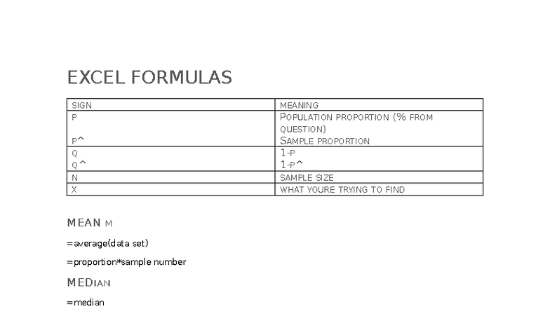 Excel Formulas: Understanding Population & Sample Proportions - Studocu