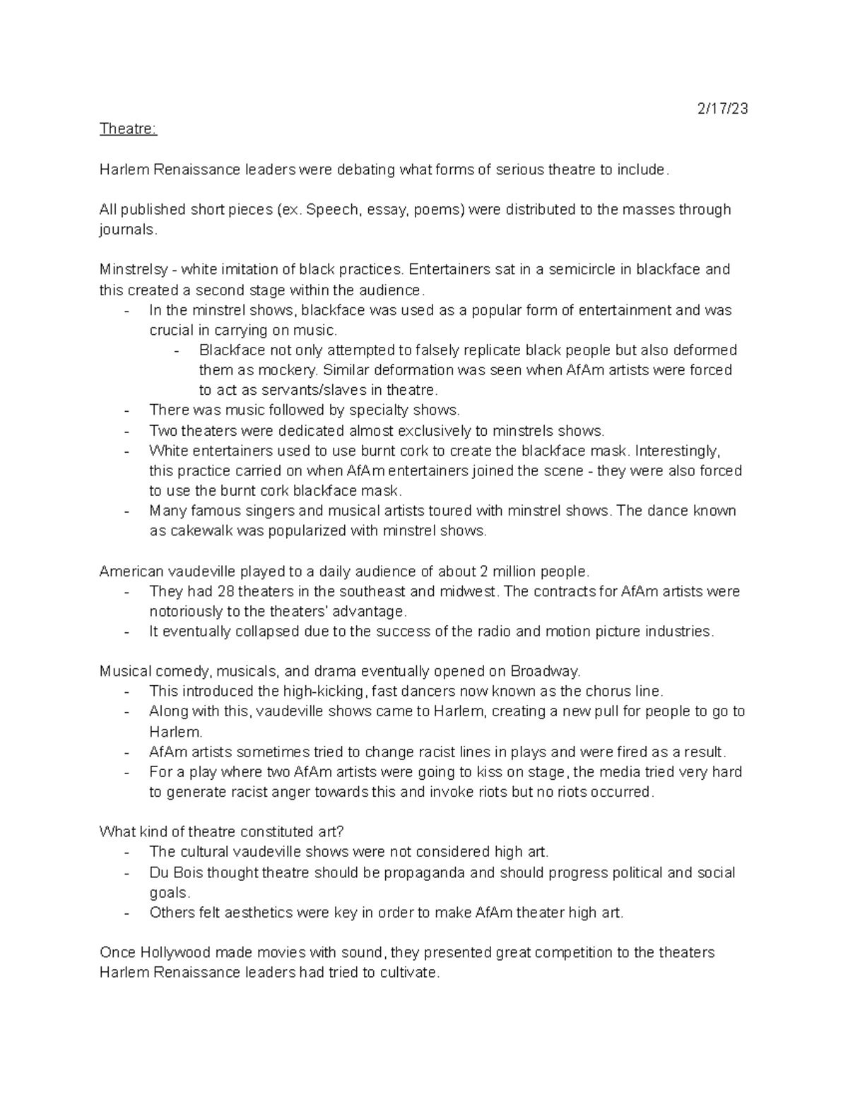 EN377 Lecture 5 - Detailed Notes on Harlem Renaissance Theatre - Studocu