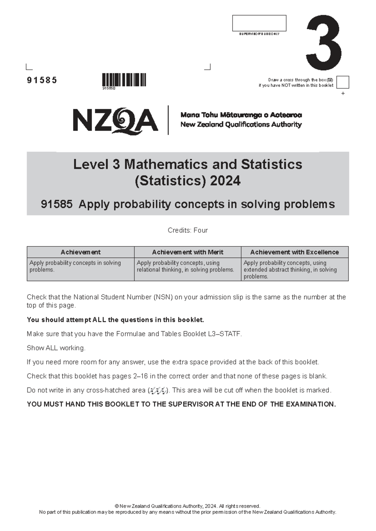 Mathematics and Statistics (Statistics) 91585 Final Exam Paper 2024 ...