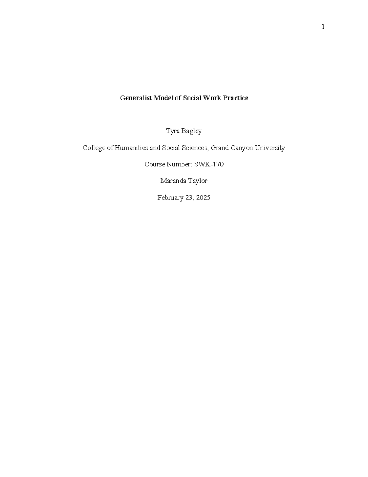 SWK- Generalist Model of Social Work Practice Essay Analysis - Studocu