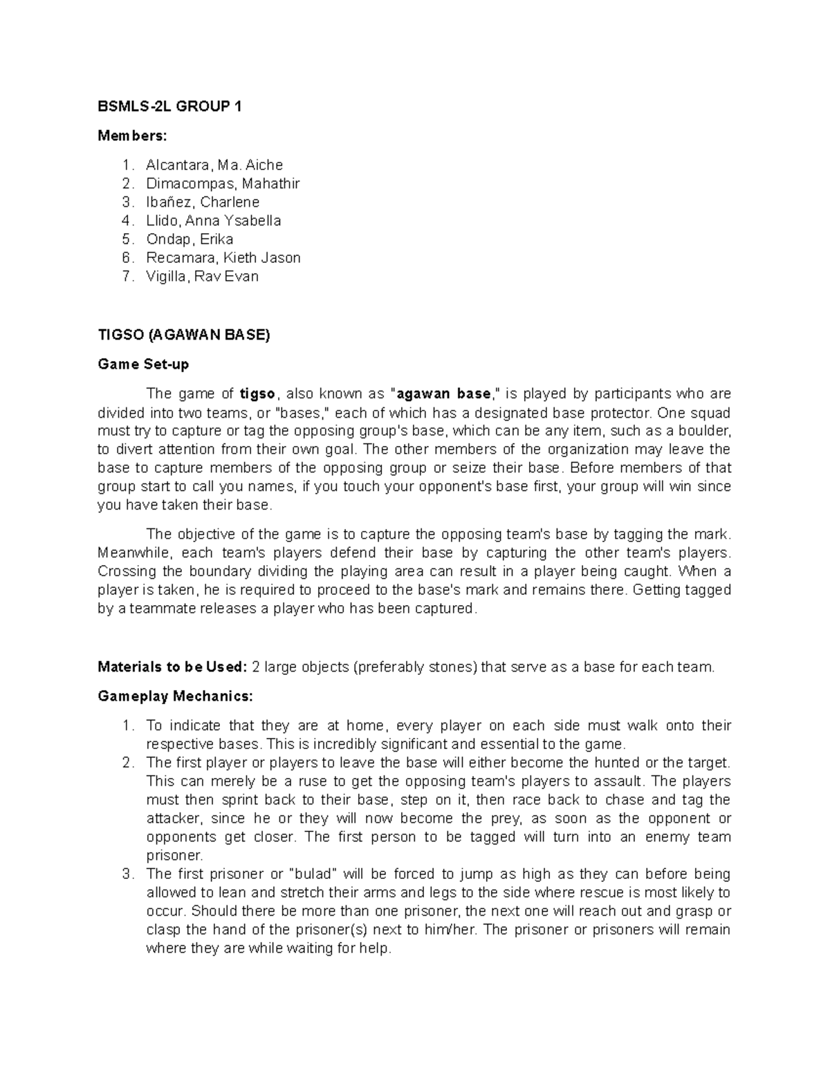 Traditional Filipino Games (Tigso) - BSMLS-2L GROUP 1 Members ...