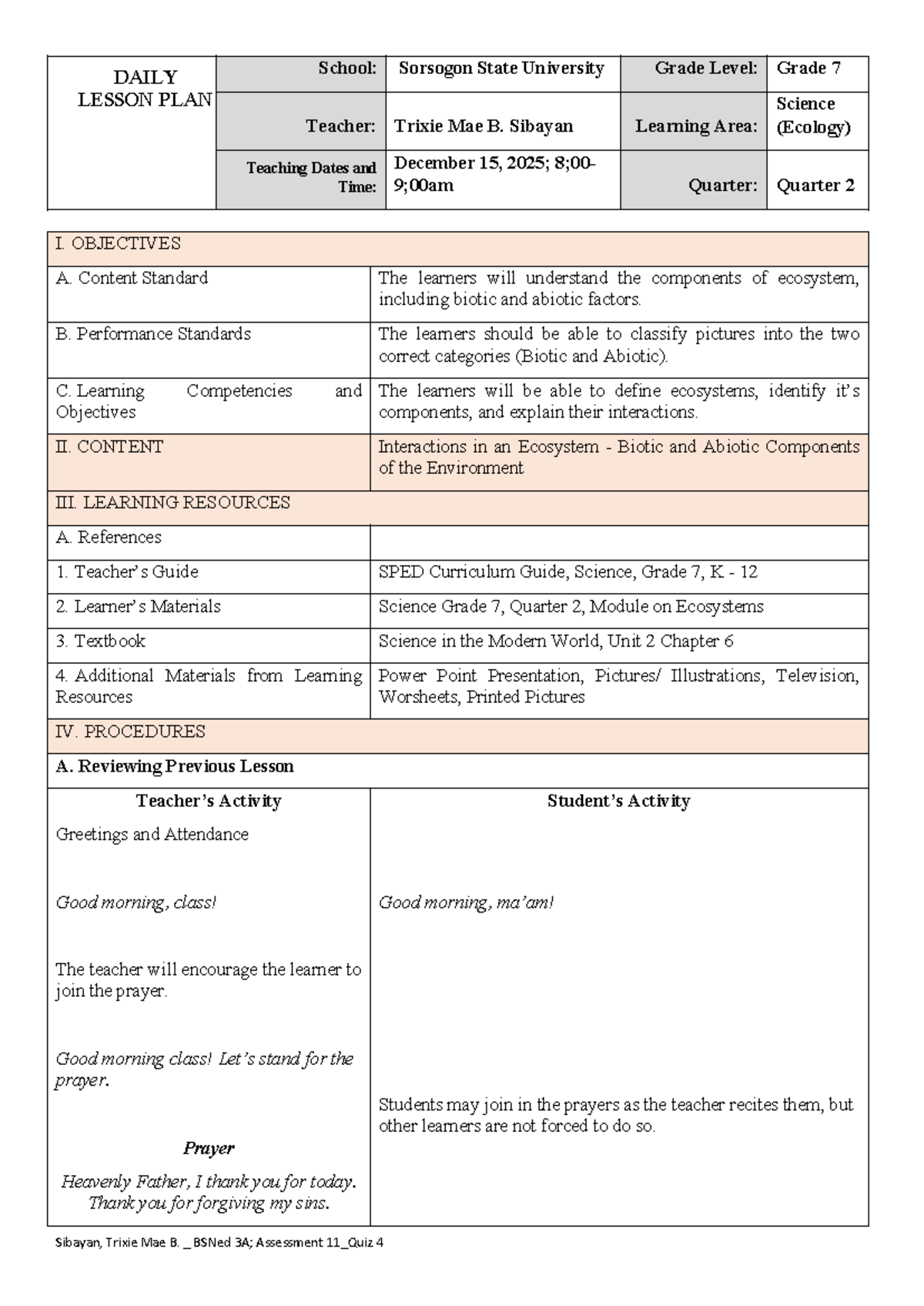 Grade 7 Science Lesson Plan: Ecosystems (Biotic & Abiotic) - Q2 - Studocu