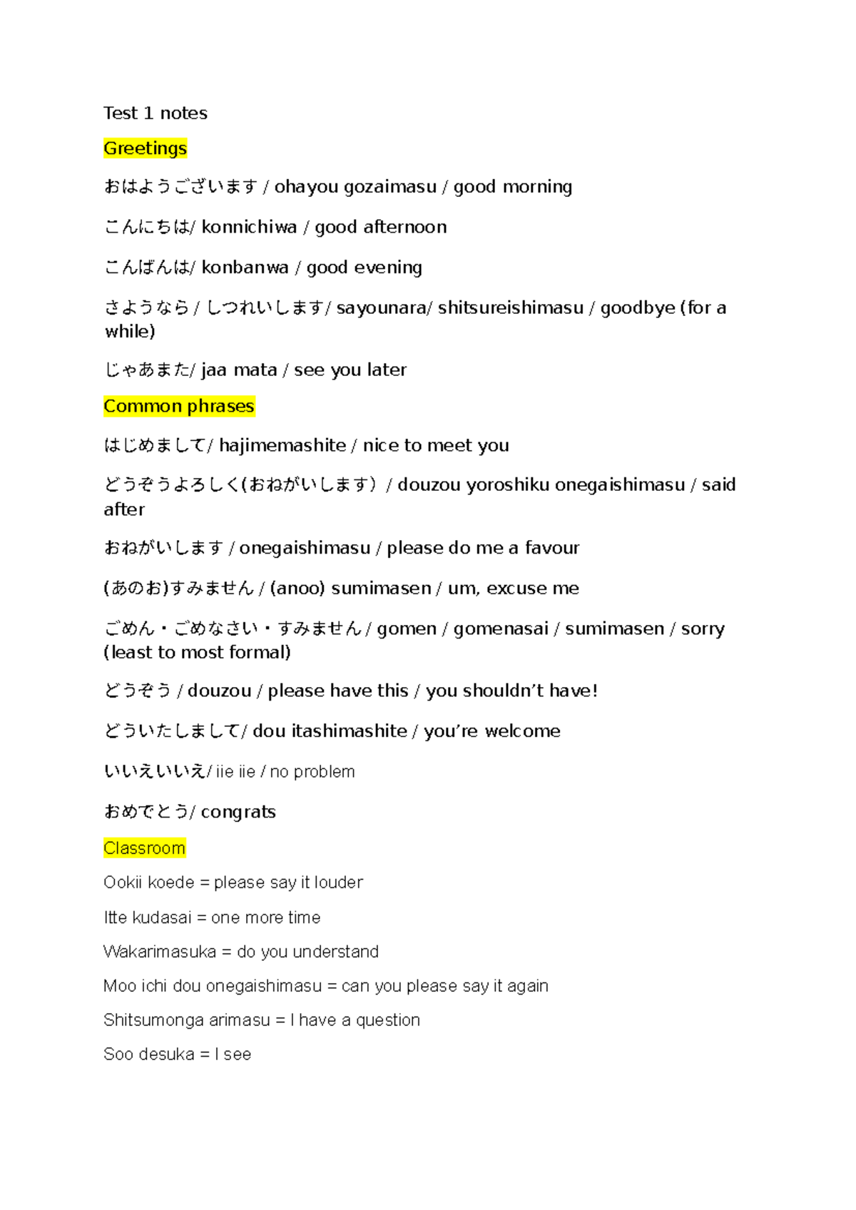JP101 Test 1 Notes: Essential Japanese Phrases and Grammar - Studocu