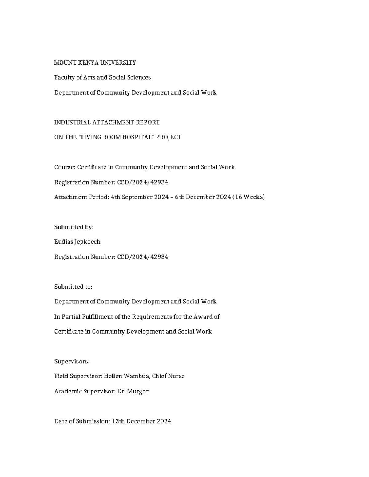 Industrial Attachment Report: Room Project - Certificate in Community ...