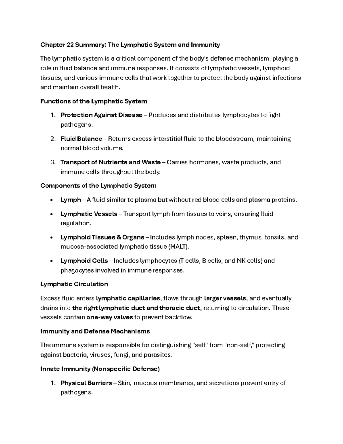 CH 22 - Notes on Lymphatic system - Chapter 22 Summary: The Lymphatic ...