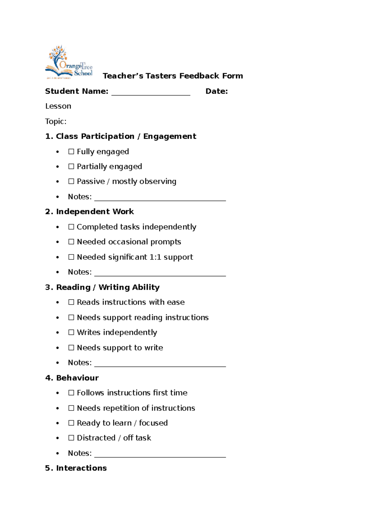 Teacher Tasters Feedback Form: Student Engagement & Performance ...