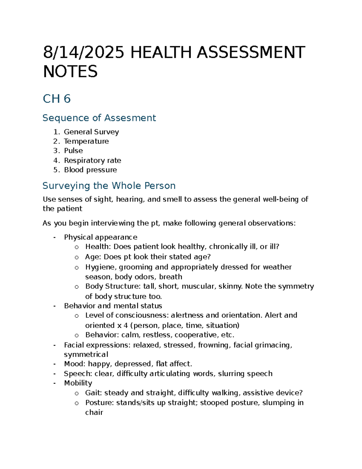 HEALTH ASSESSMENT NOTES CH 6: Sequence of Assessment Techniques - Studocu