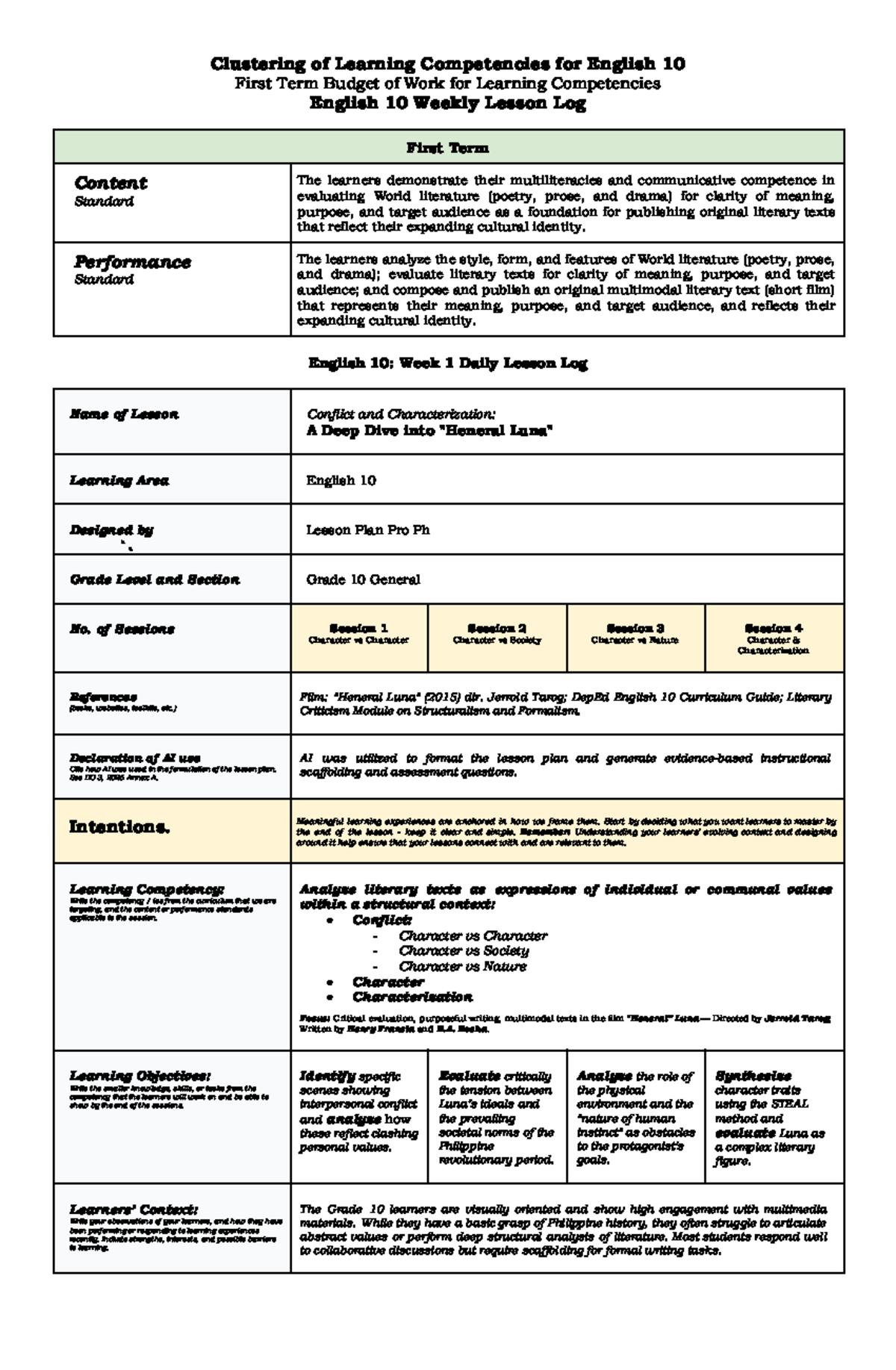 English 10 - First Term Lesson Plans: Analyzing Literature and ...