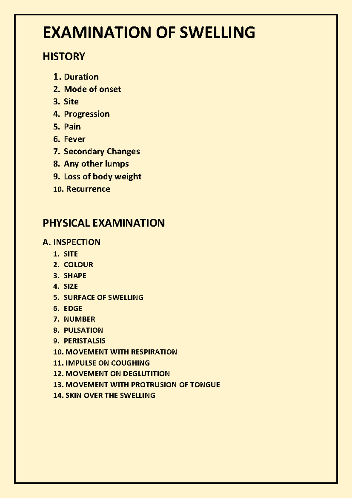 PHYSICAL EXAMINATION OF SWELLING: KEY ASPECTS AND OBSERVATIONS - Studocu
