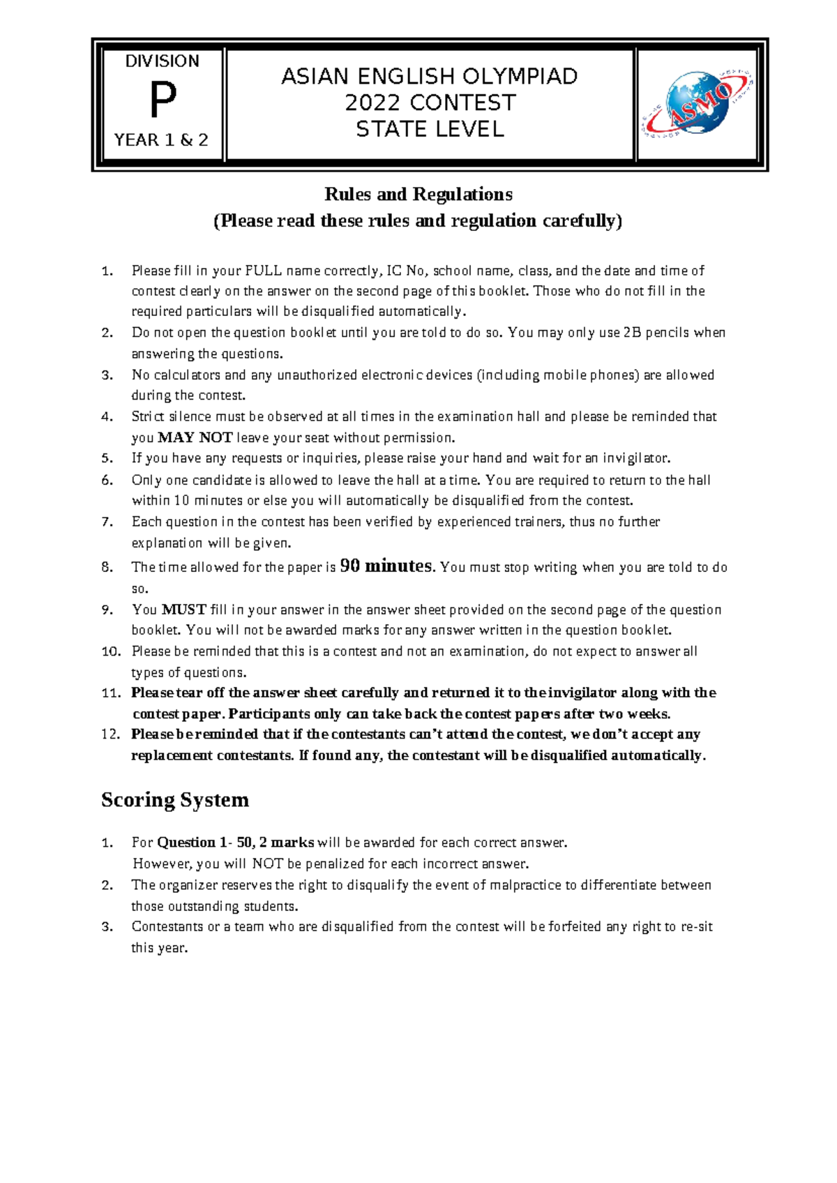 ASIAN ENGLISH OLYMPIAD 2022 STATE LEVEL P YEAR 1 2 Contest Rules ...