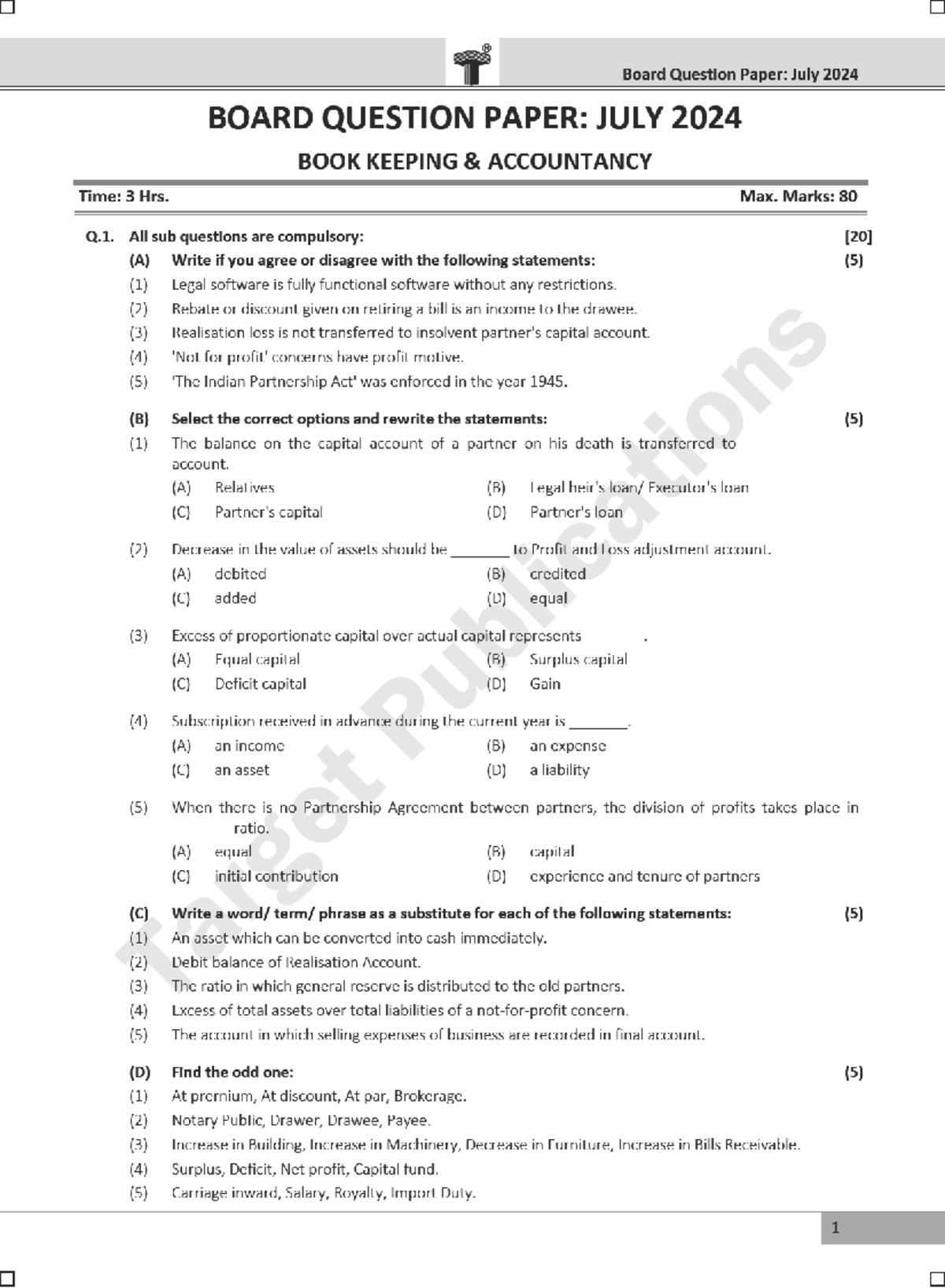 Board Question Paper: July 2024 - Bookkeeping Accountancy - Studocu