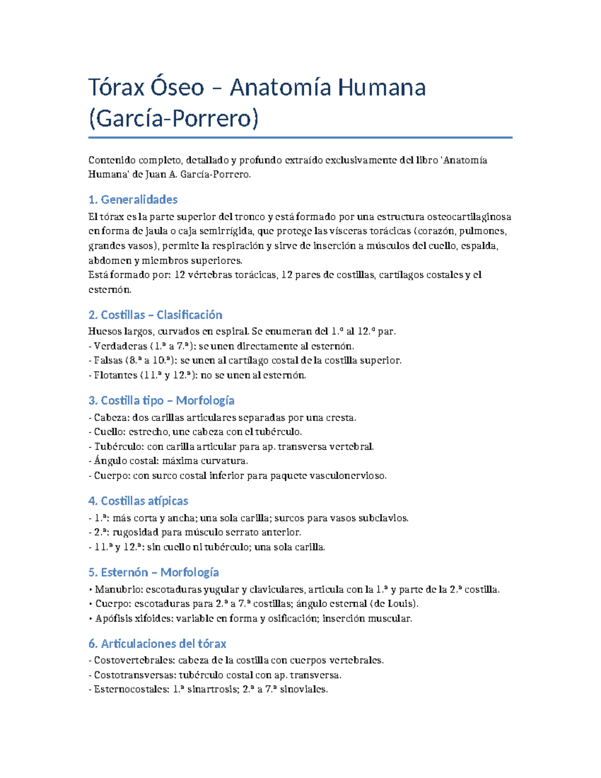 Anatomía del Tórax Óseo: Contenido Completo - García Porrero - Studocu