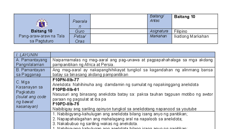 Baitang 10: Anekdota ni Mullah Nasruddin sa Filipino G10 Q3 - Studocu