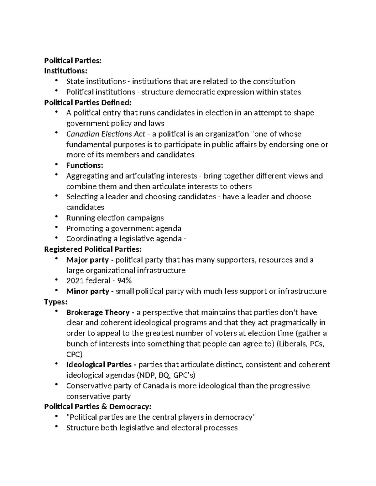 POLS 2300 Exam - Lecture Notes on Canadian Political Parties ...