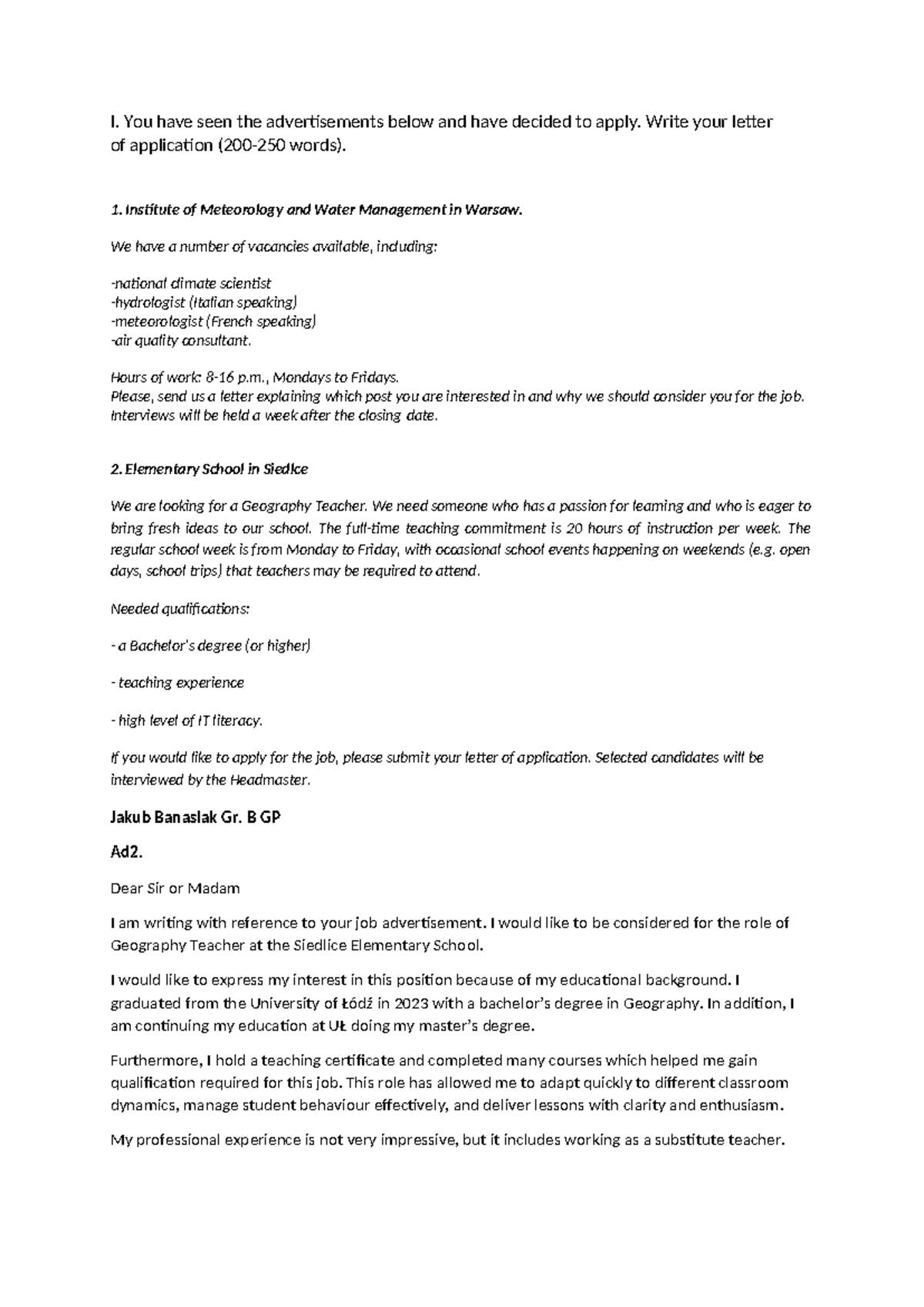 Letter of Application for Geography Teacher Position - Gr. B GP Ad2 ...