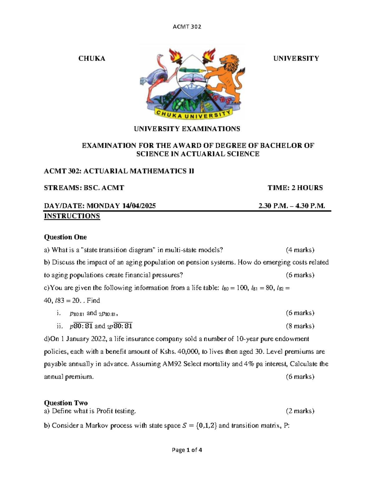 ACMT 302 - Actuarial Mathematics II Exam Revision Notes - Studocu