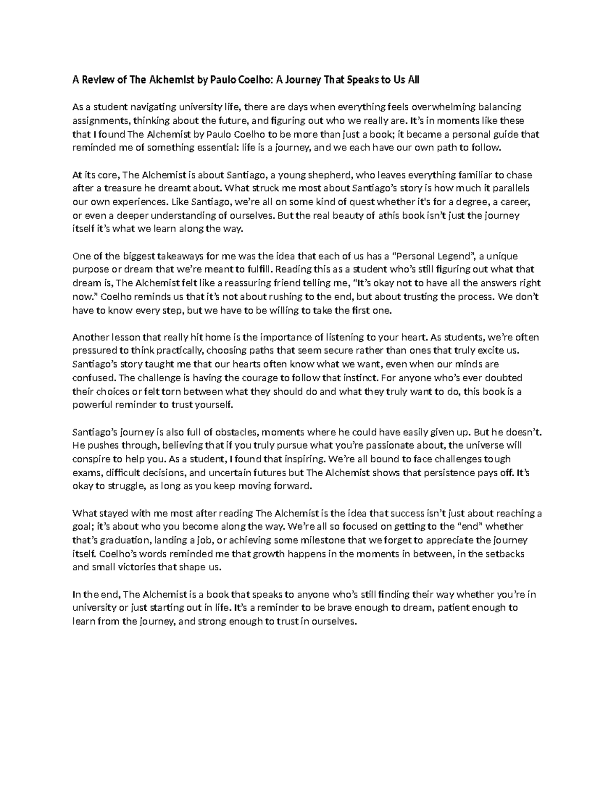 Literature Review - Summary The Alchemist - A Review of The Alchemist ...