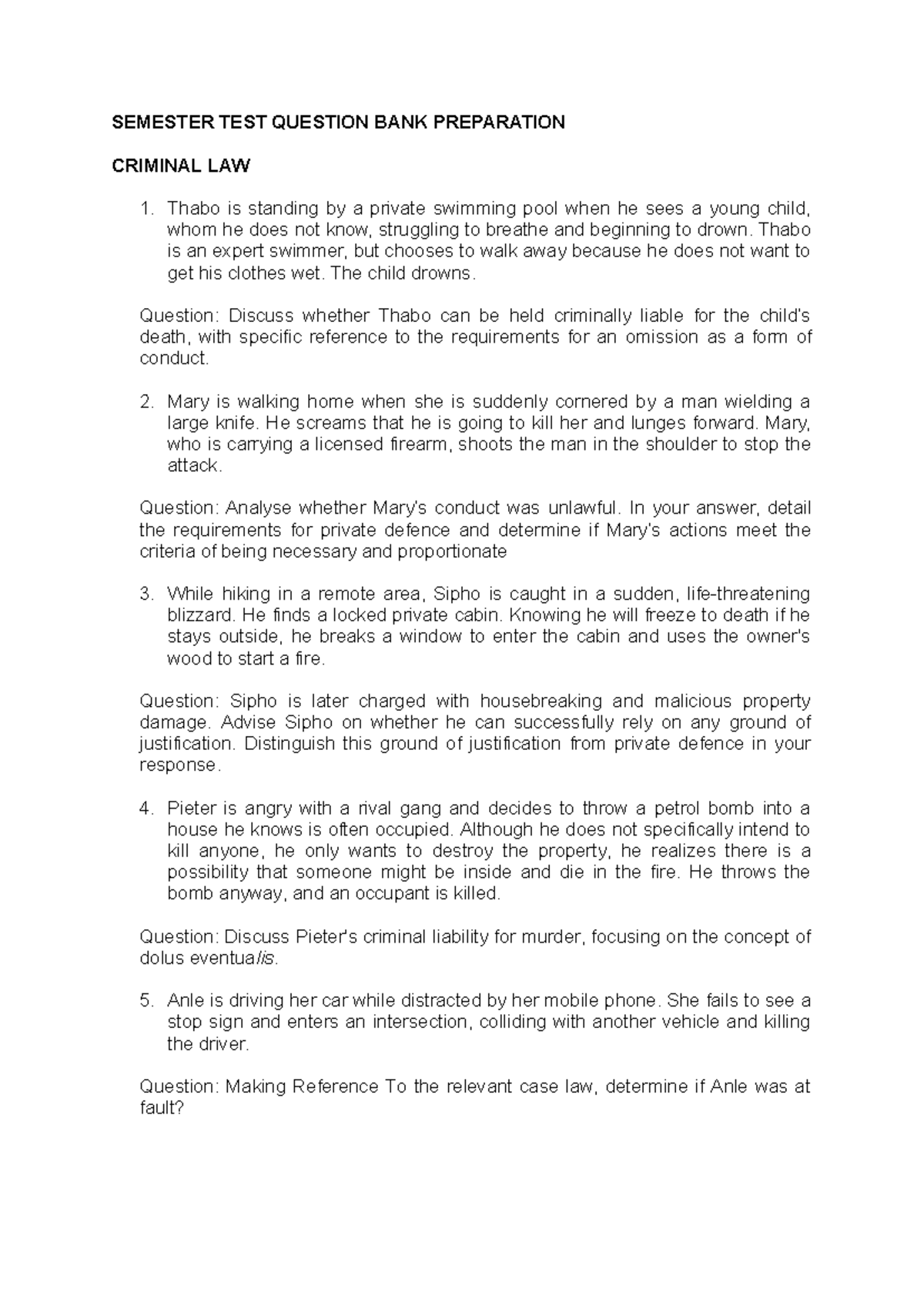 SEMESTER TEST 2 QUESTION BANK PREPARATION: CRIMINAL LAW & PROCEDURE ...