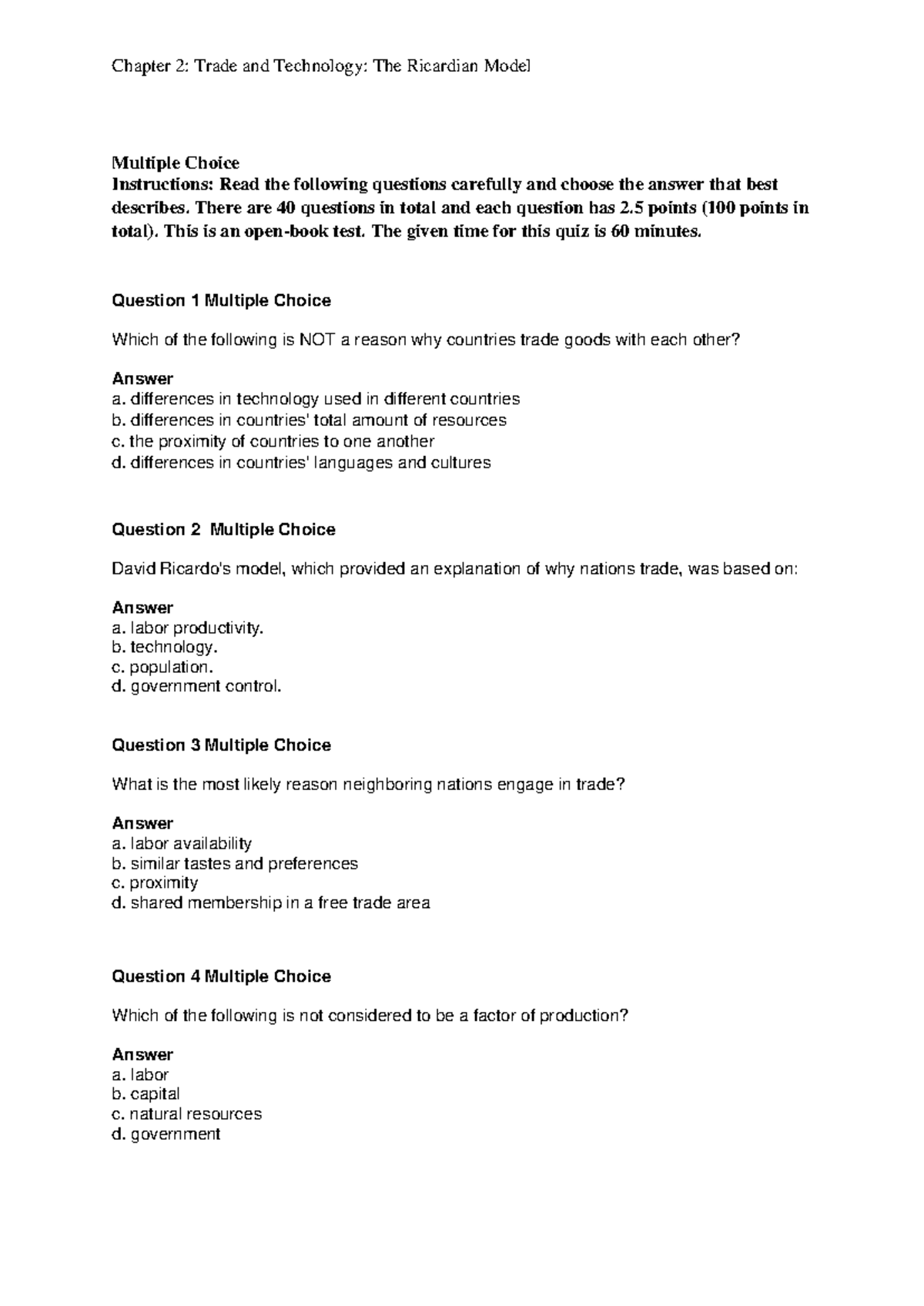 QUIZ 2 (Chapter 2) - practice ie - Multiple Choice Instructions: Read ...