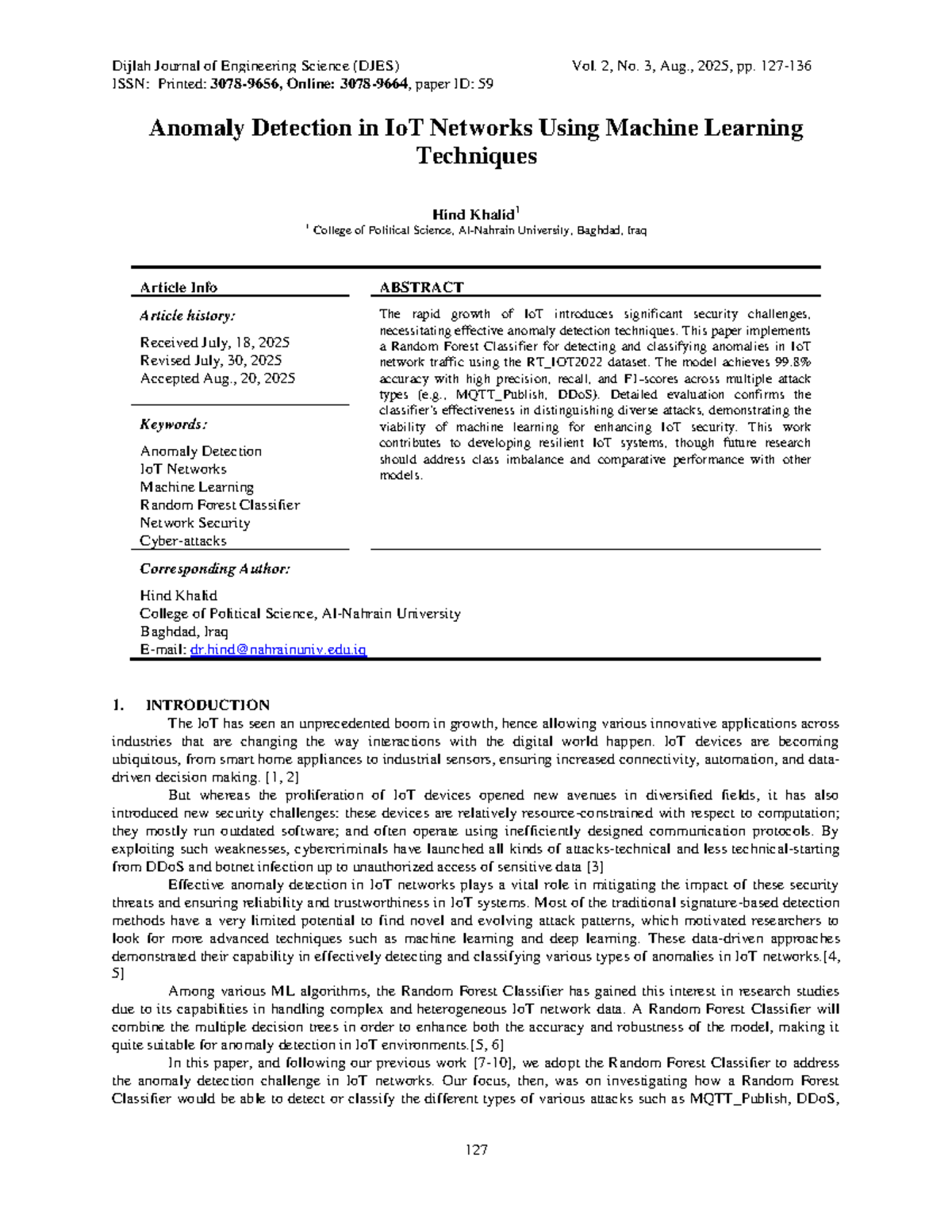 Anomaly Detection in IoT Networks with ML Techniques (RT_IOT2022) - Studocu