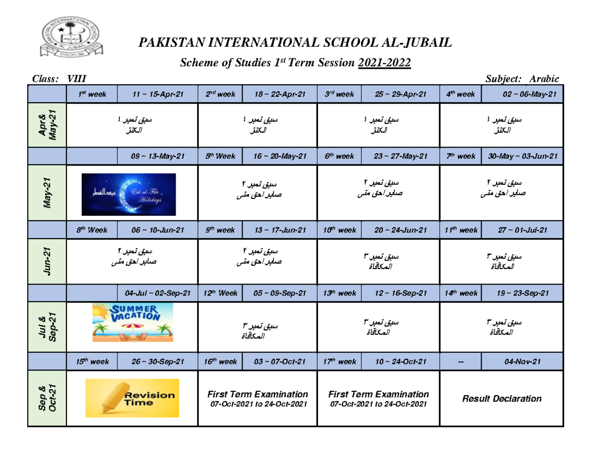 PAKISTAN INTERNATIONAL SCHOOL Scheme of Studies: Arabic 1st & 2nd Term ...