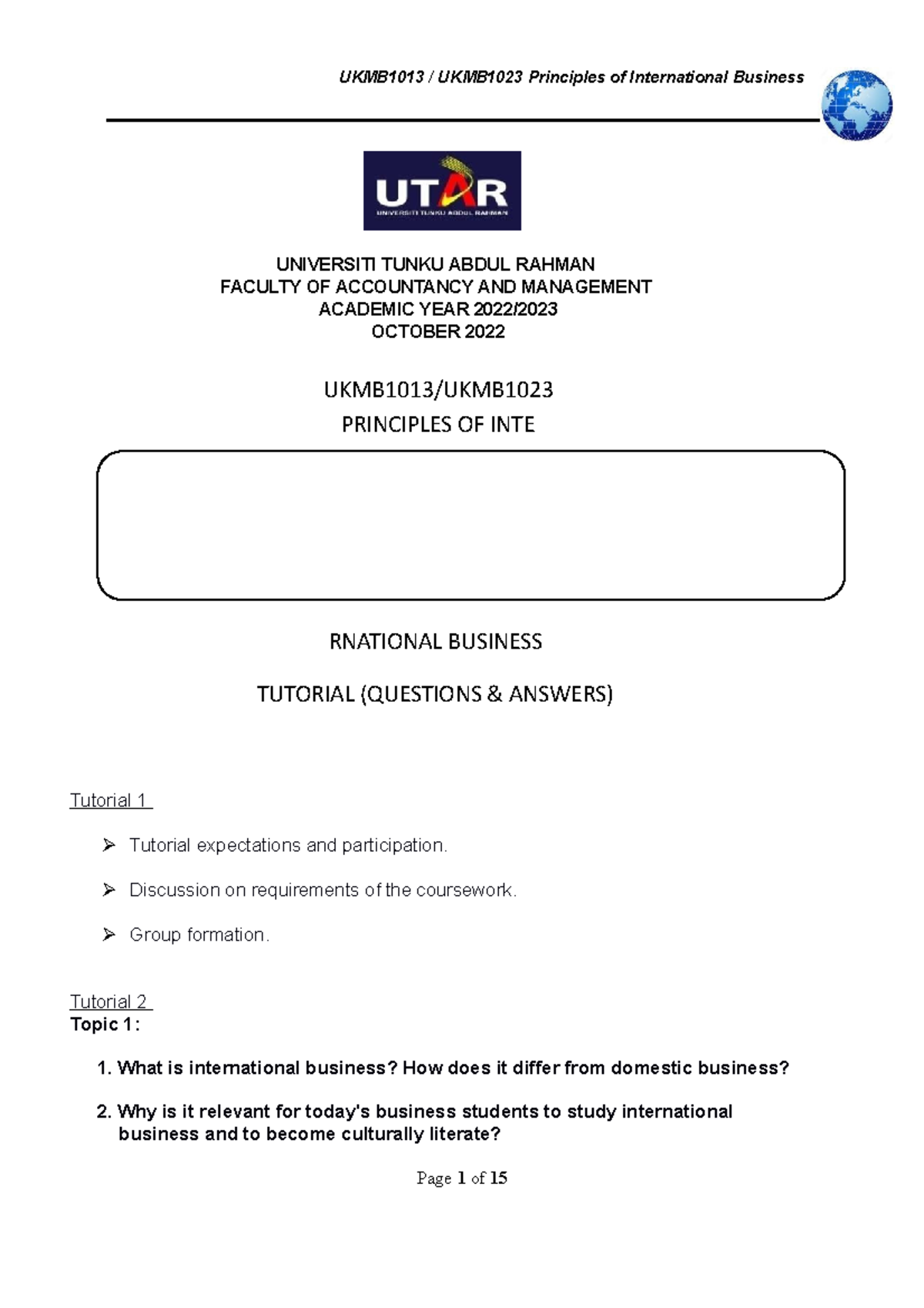 UKMB1013 - Principles of International Business Tutorial Questions ...