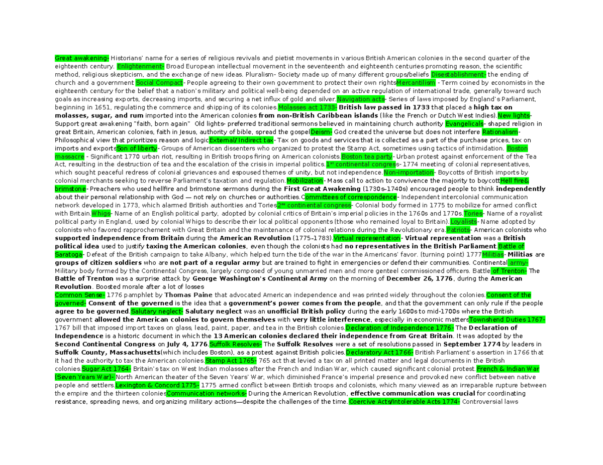 American Revolution Key Concepts and Events Overview (HIST 101) - Studocu