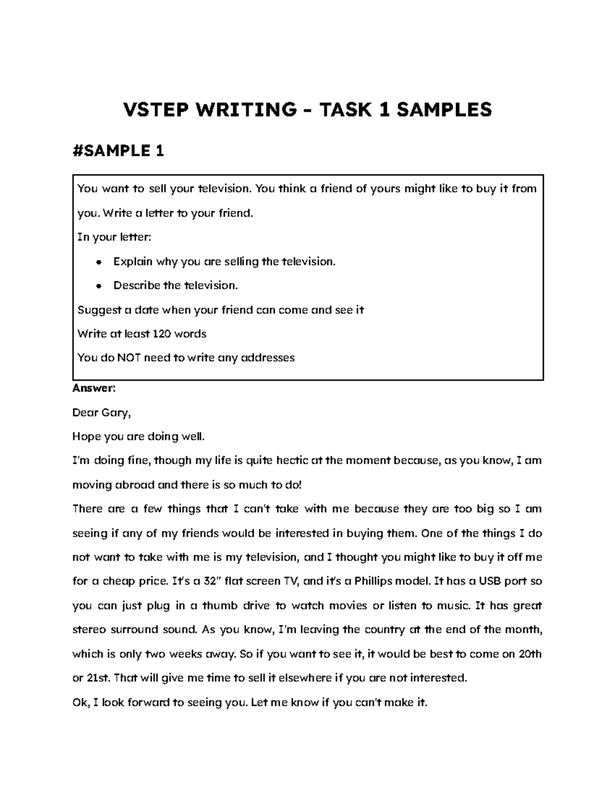 VSTEP WRITING TASK 1: Letter Samples and Guidelines - Studocu