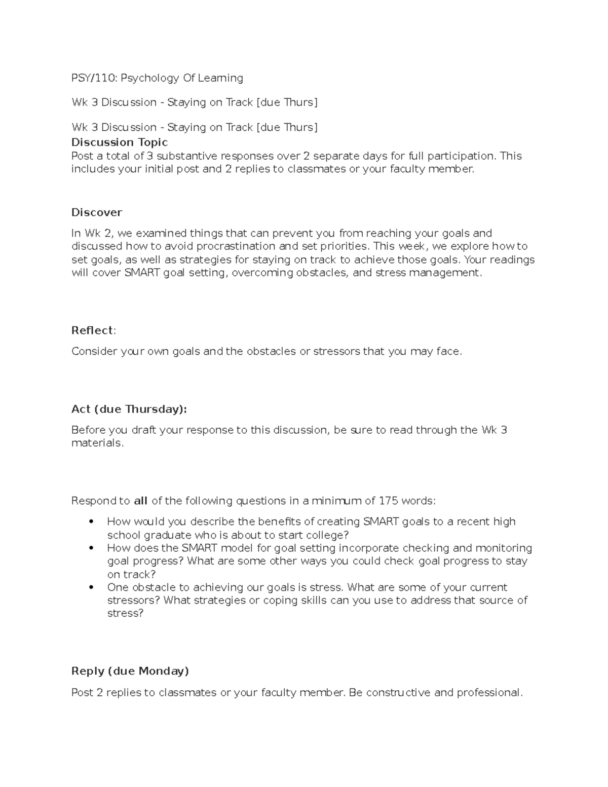 PSY/110 Wk 3 Discussion Post: Setting and Achieving SMART Goals - Studocu