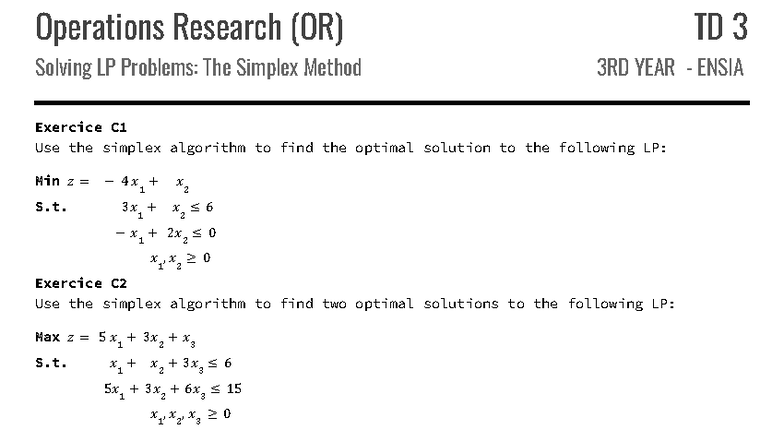 Operations Research: Simplex Method Exercises TD 3RD YEAR ENSIA - Studocu
