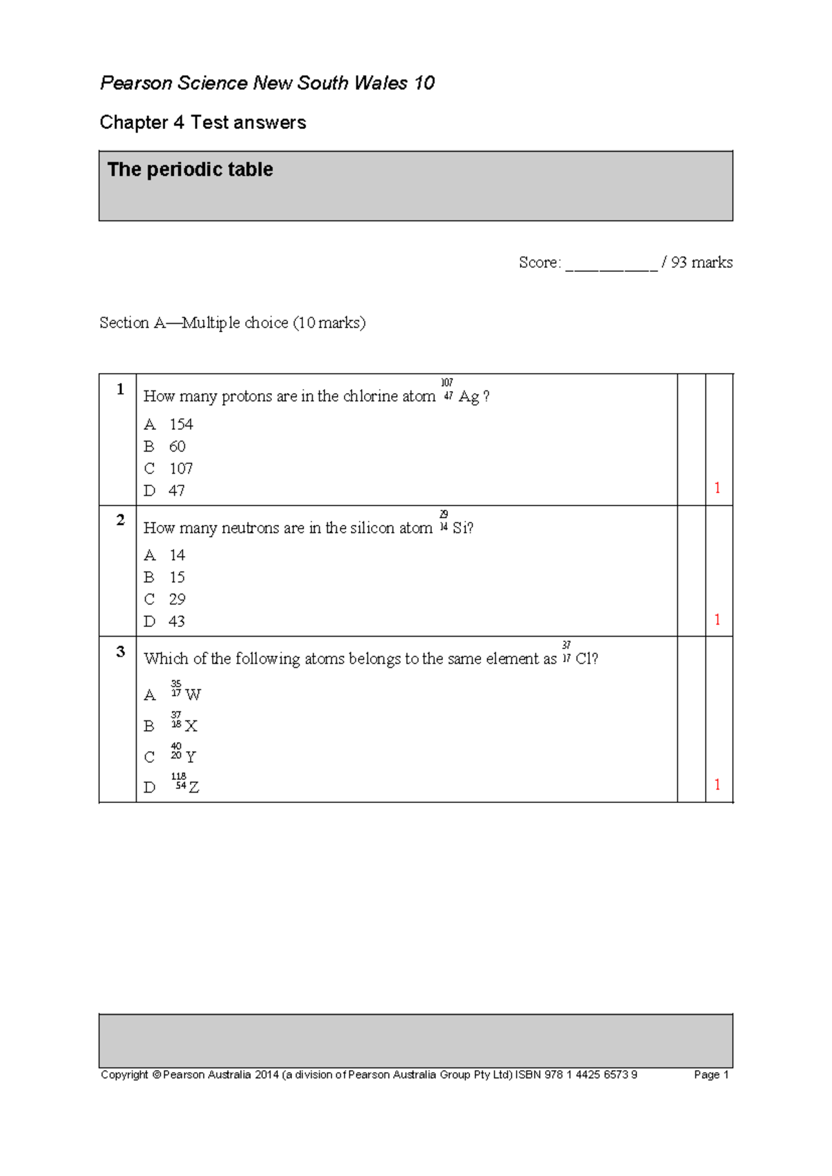 Pearson Science NSW 10 Chapter 4 Test Answers: The Periodic Table - Studocu