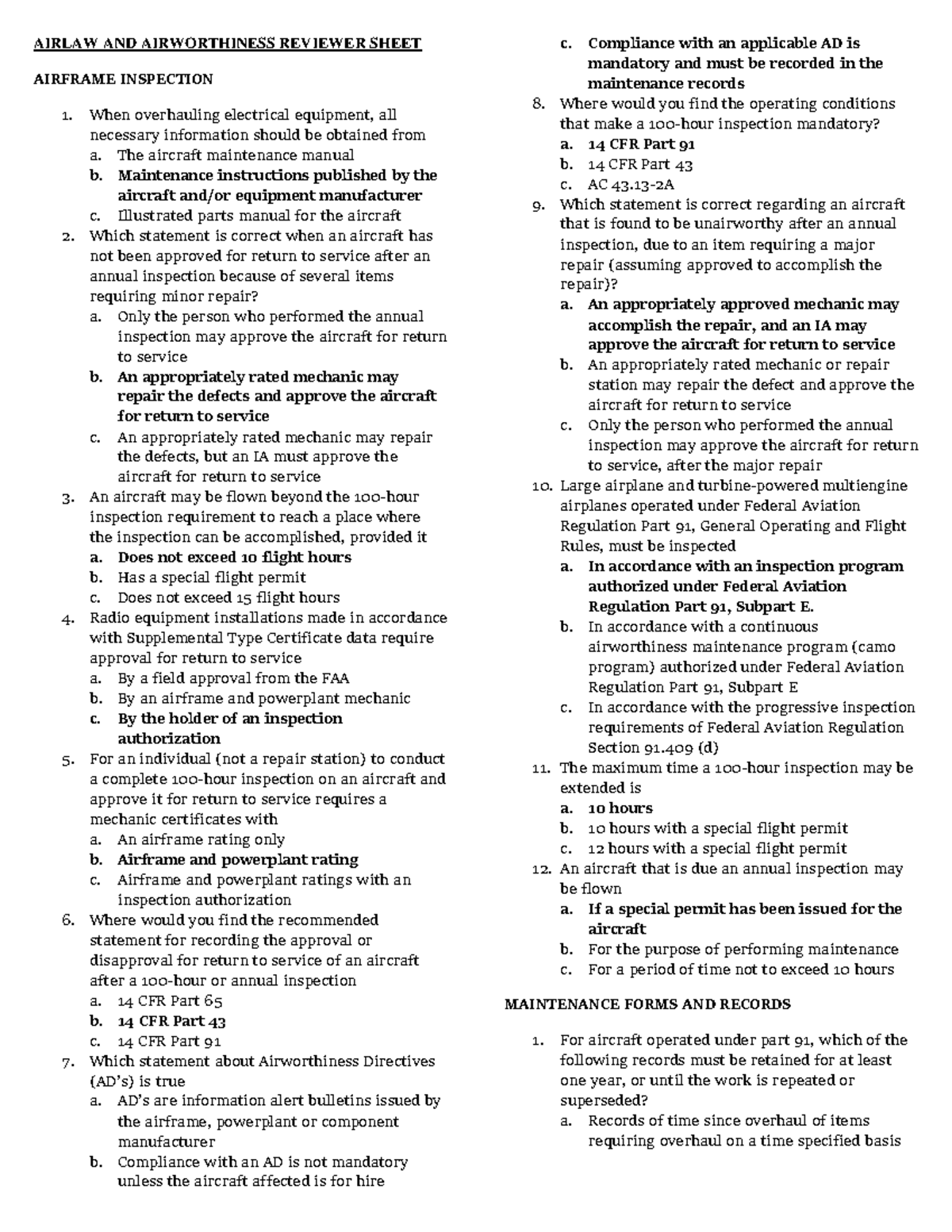 AIRLAW 101: AIRWORTHINESS & AIRFRAME INSPECTION REVIEWER SHEET - Studocu