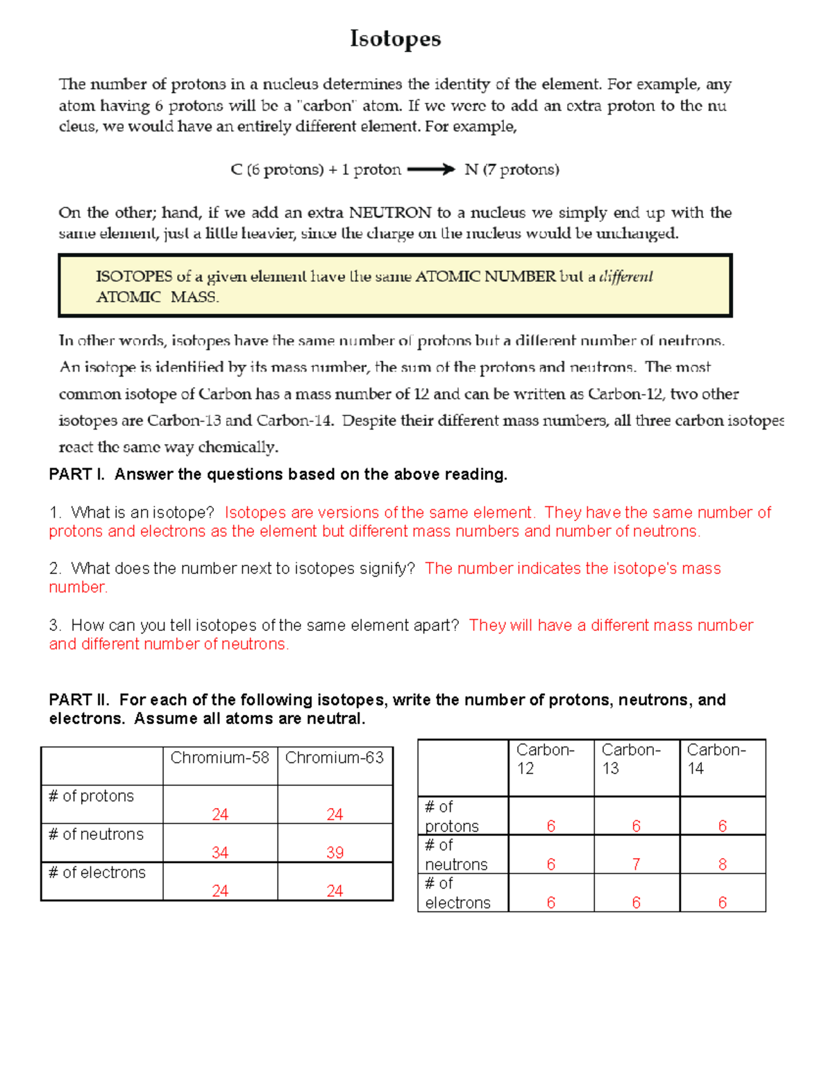Isotopes worksheet answer key - PART I. Answer the questions based on ...