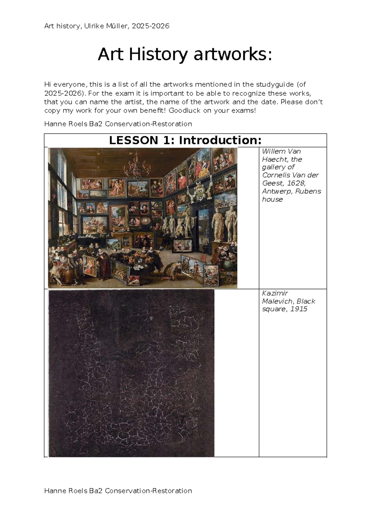 Art History Artworks for Exam - BA2 Study Guide - Studocu