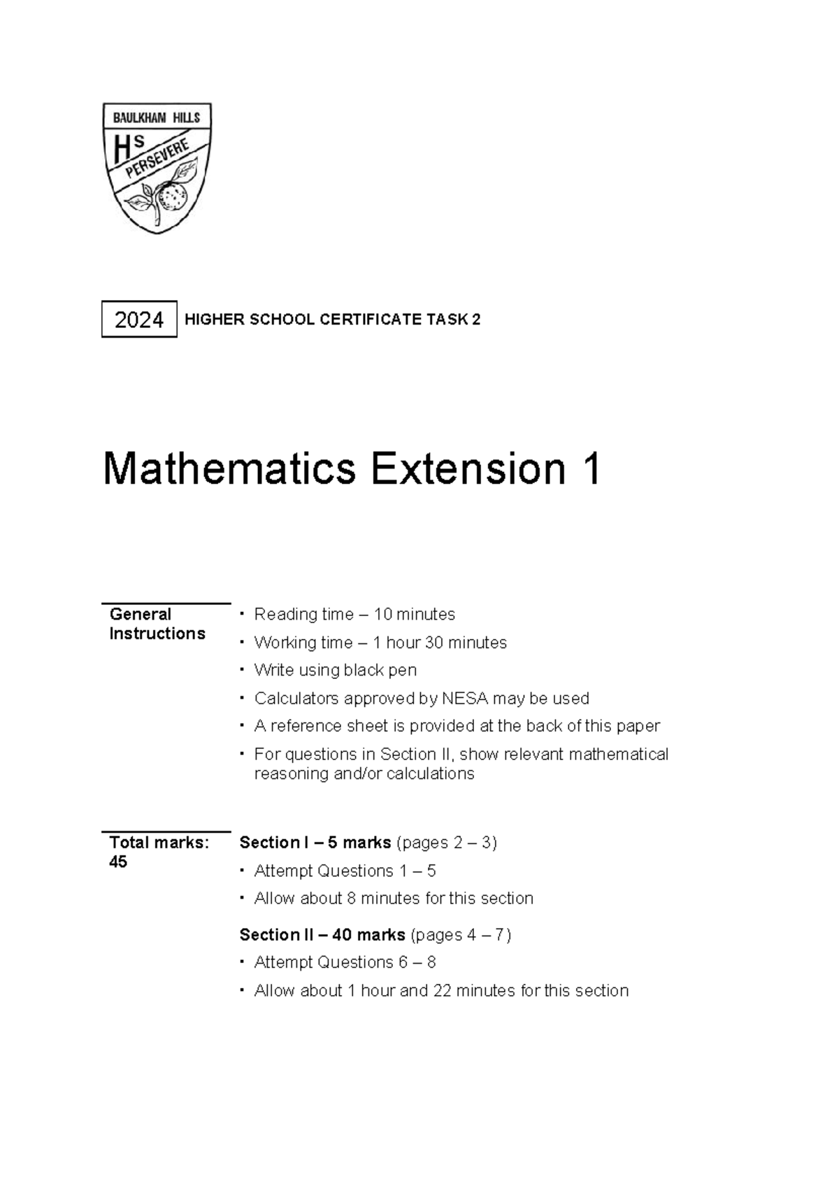 2024 HSC Task 2 Mathematics Extension 1 Solutions (3U) - Studocu